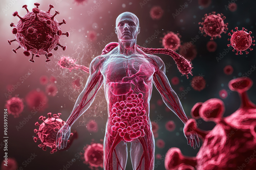 image depicts human figure with detailed representation of lymphatic ...