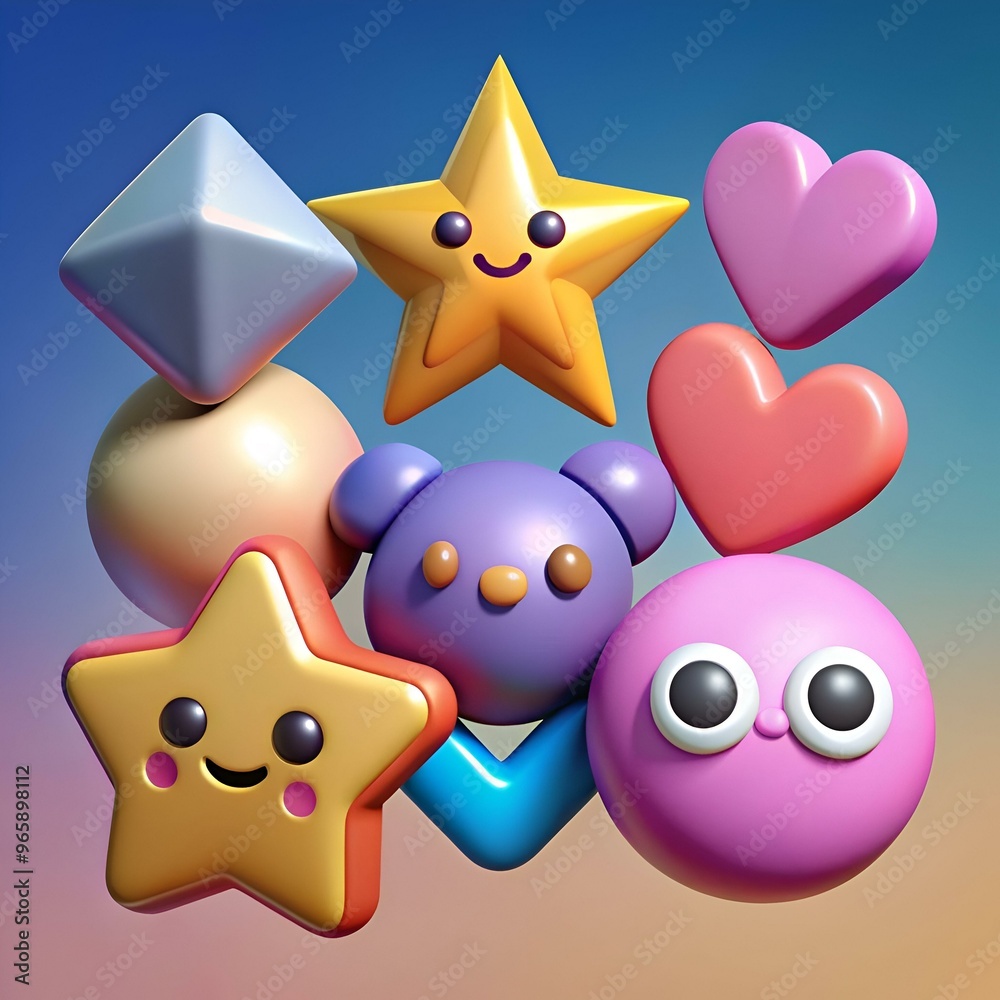 A charming cluster of 3D icons featuring a happy star. a playful bear ...