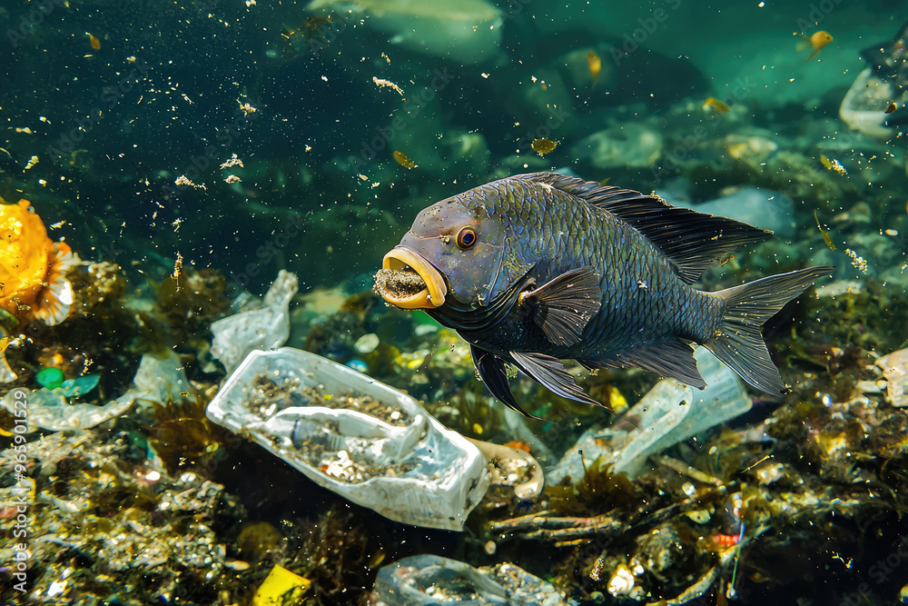 image depicts fish swimming through polluted underwater environment ...
