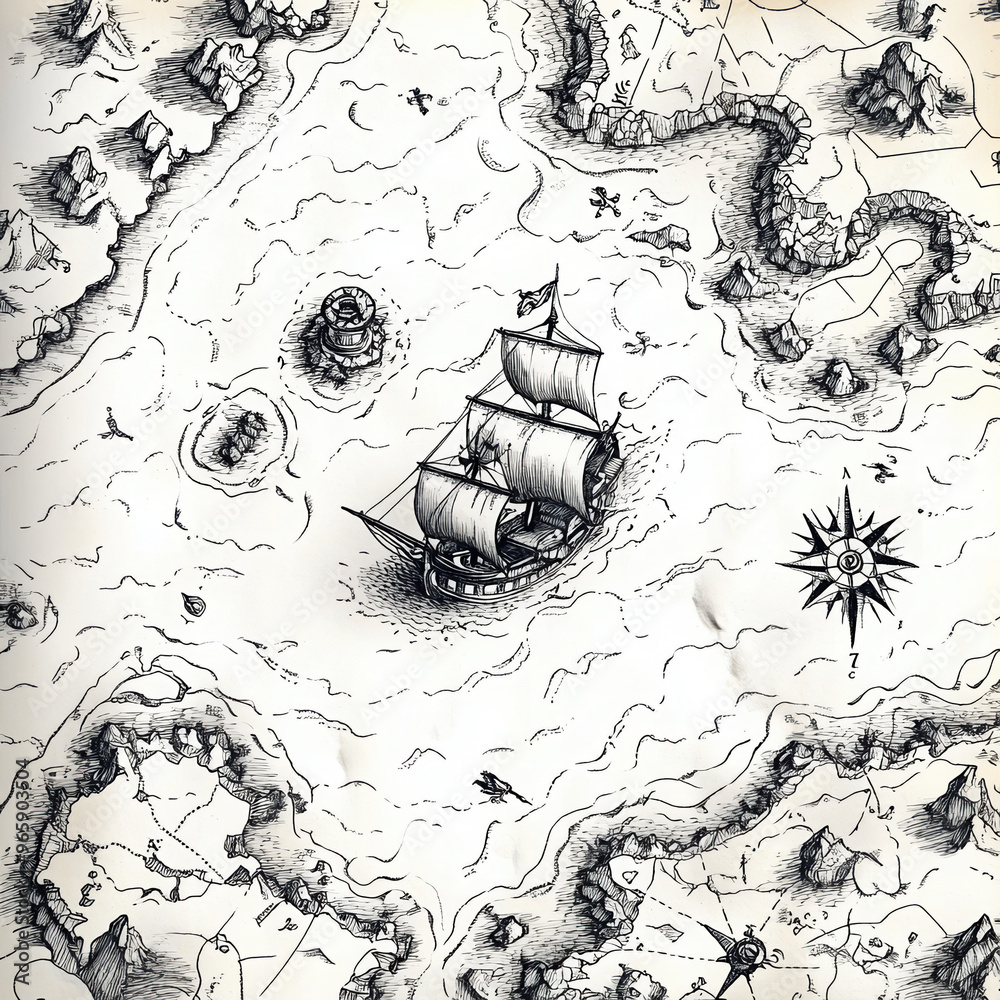 ship treasure map sea adventure pirate ocean sailing compass navigation ...
