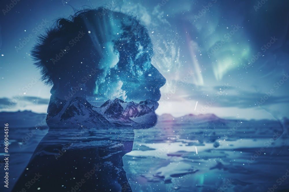 Double Exposure of Arctic Explorer with Northern Lights and Icy ...