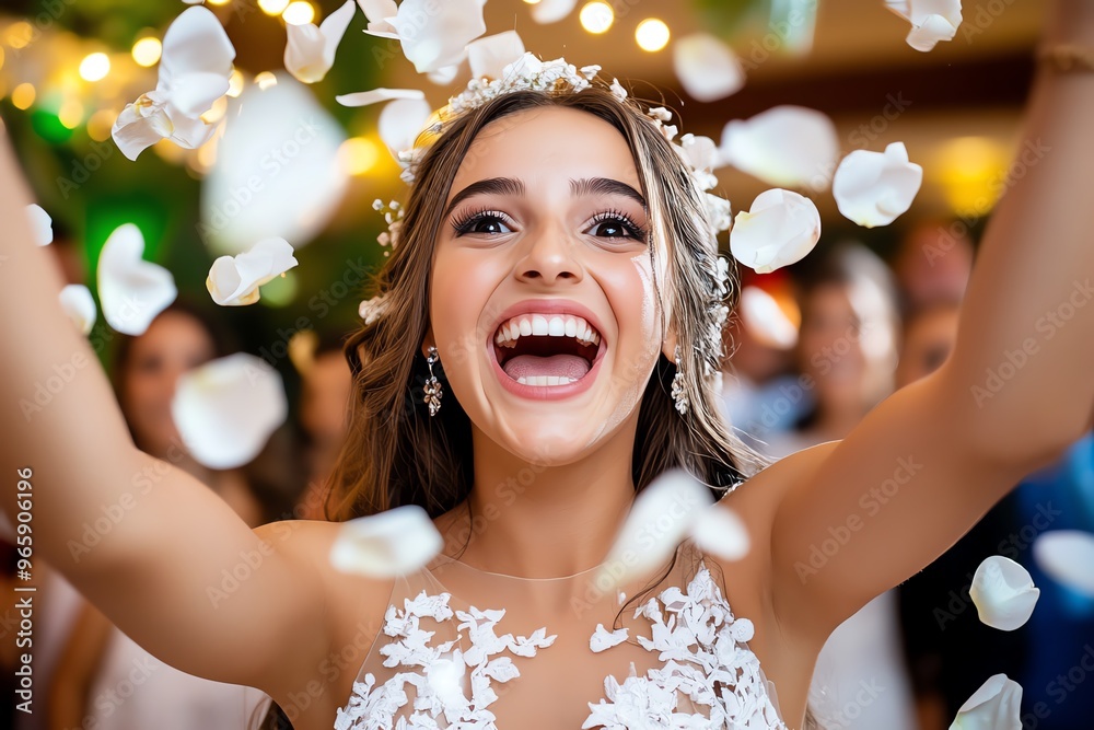 Girl caught the bouquet and spun around in delight as the petals ...