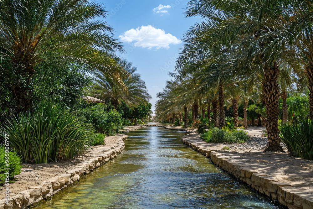 A serene view of Al Ain Oasis featuring traditional irrigation systems ...