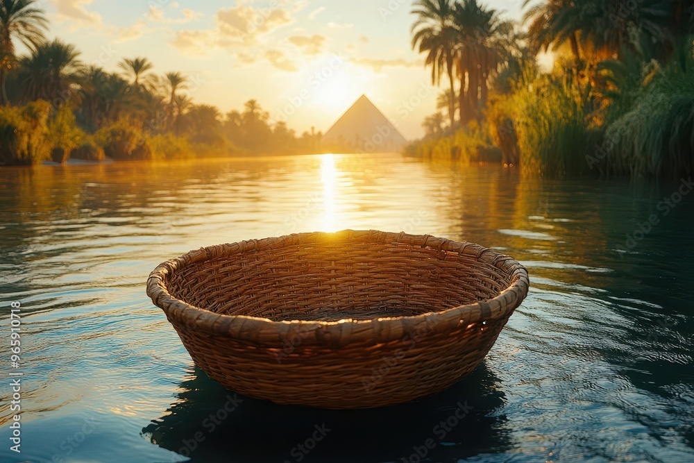 baby moses in woven basket floating on nile river golden hour light ...