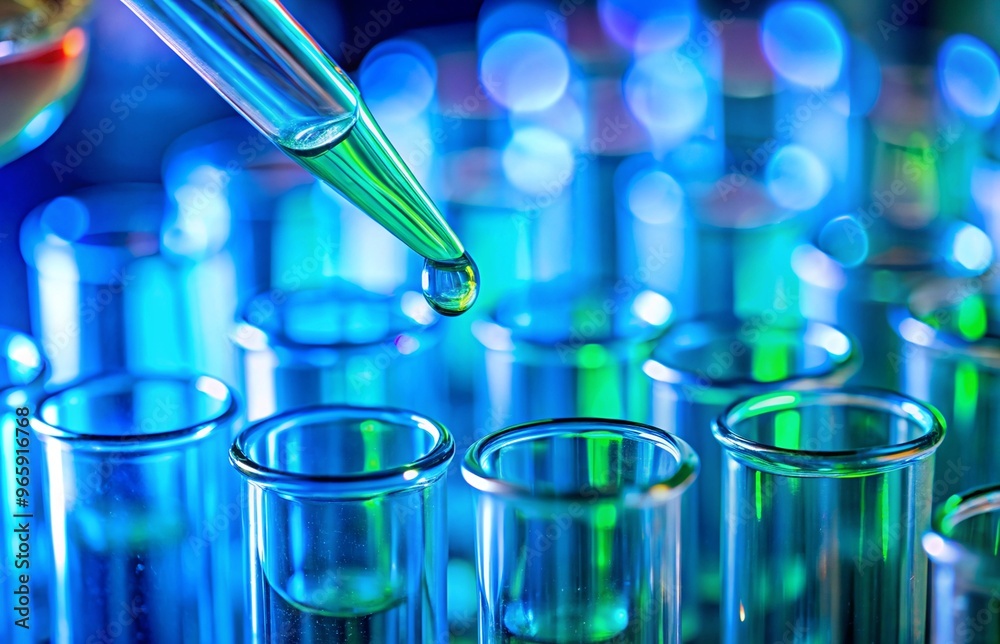 Close-up image of laboratory dropper and test tubes in a science ...