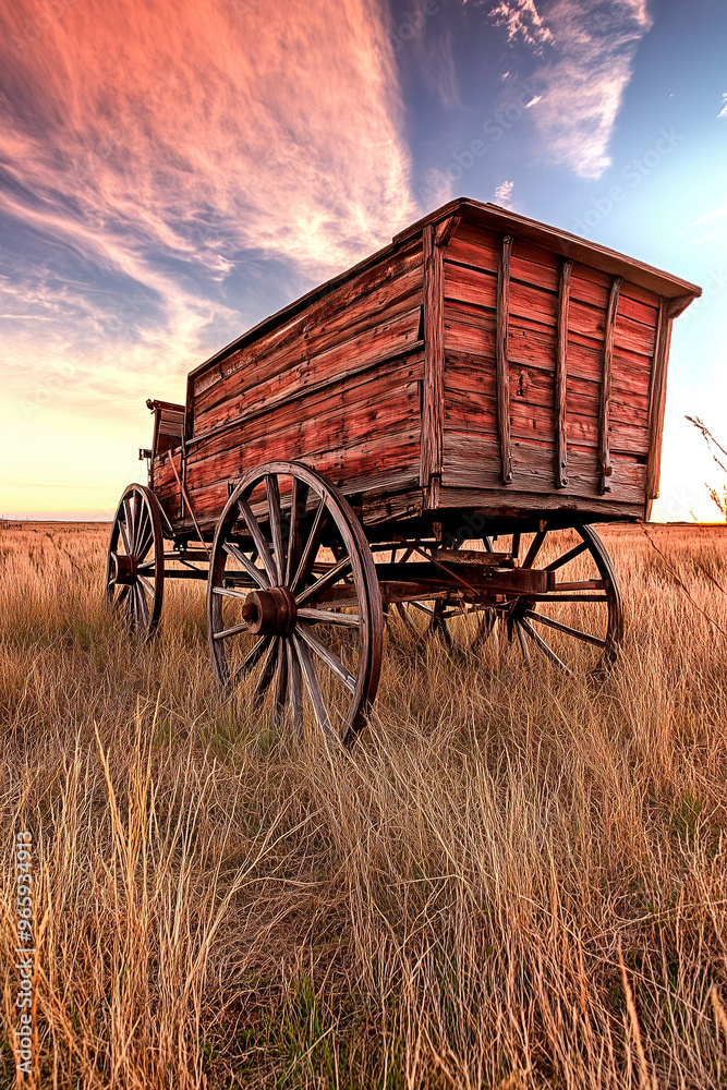 A historic wooden stagecoach in an open field in the Midwest. A red ...