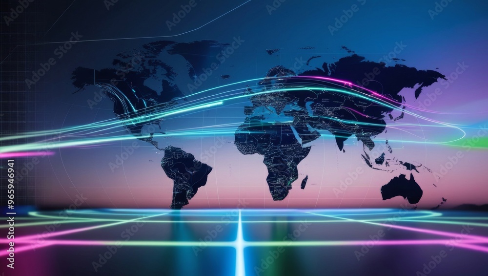 Futuristic visualization of global communication with digital world map ...