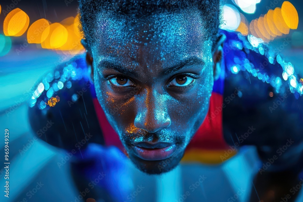 dynamic action shot of a sprinter in colorful track uniform poised at ...