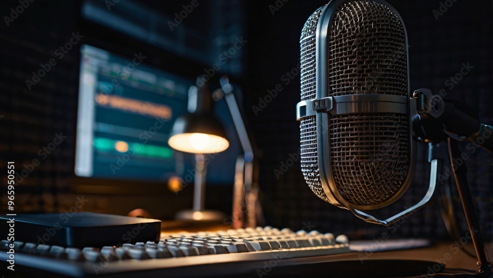 Vintage Microphone on Desk with Keyboard and Computer Screen Stock ...