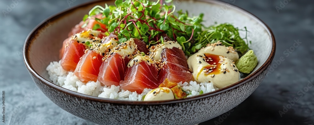 Elegant donburi rice bowl with seared tuna, wasabi mayo, and ...