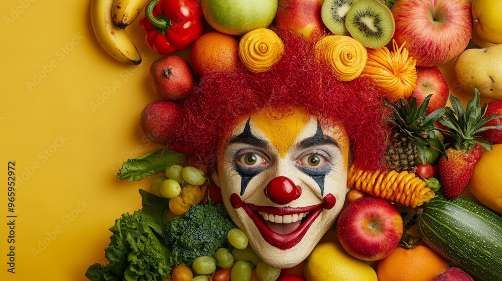 A joyful clown with bright red hair surrounded by a colorful array of ...