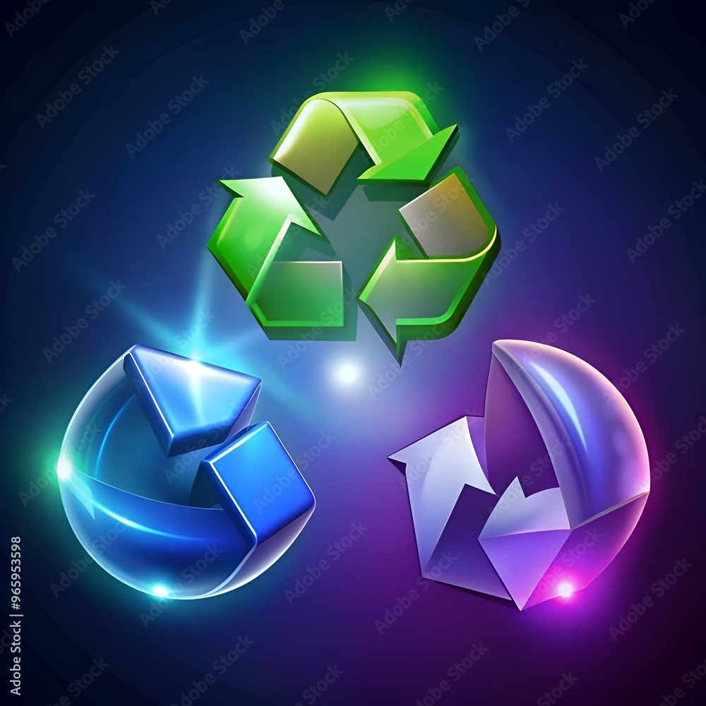 A set of three vibrant 3D recycle icons. each with a unique design and ...