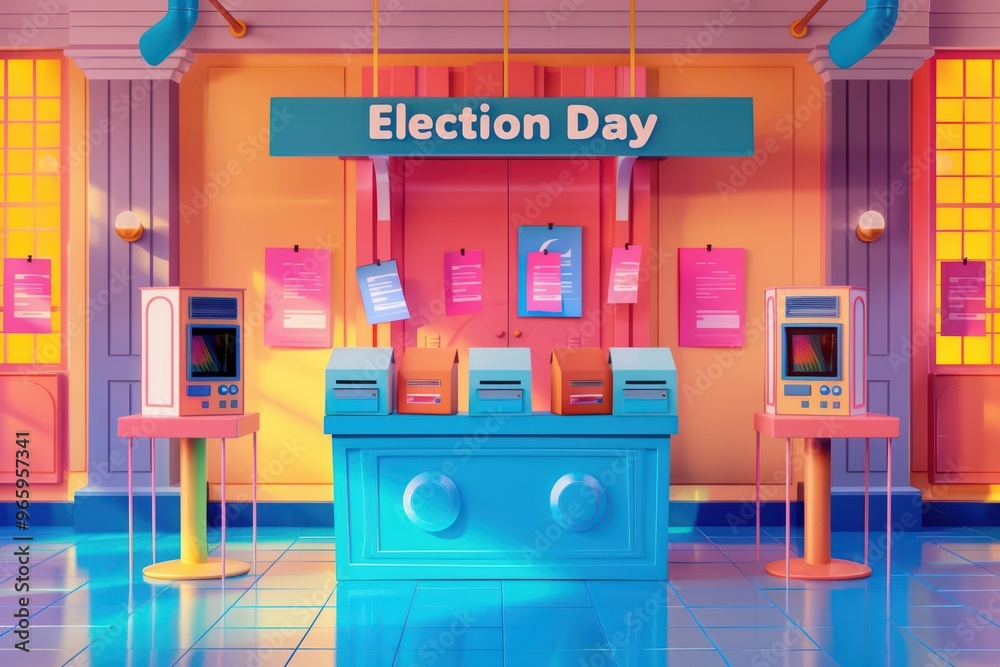 Colorful electoral station setup for Election Day, featuring voting ...