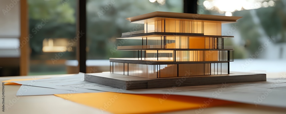Architectural model of a modern building on a table with blueprints ...