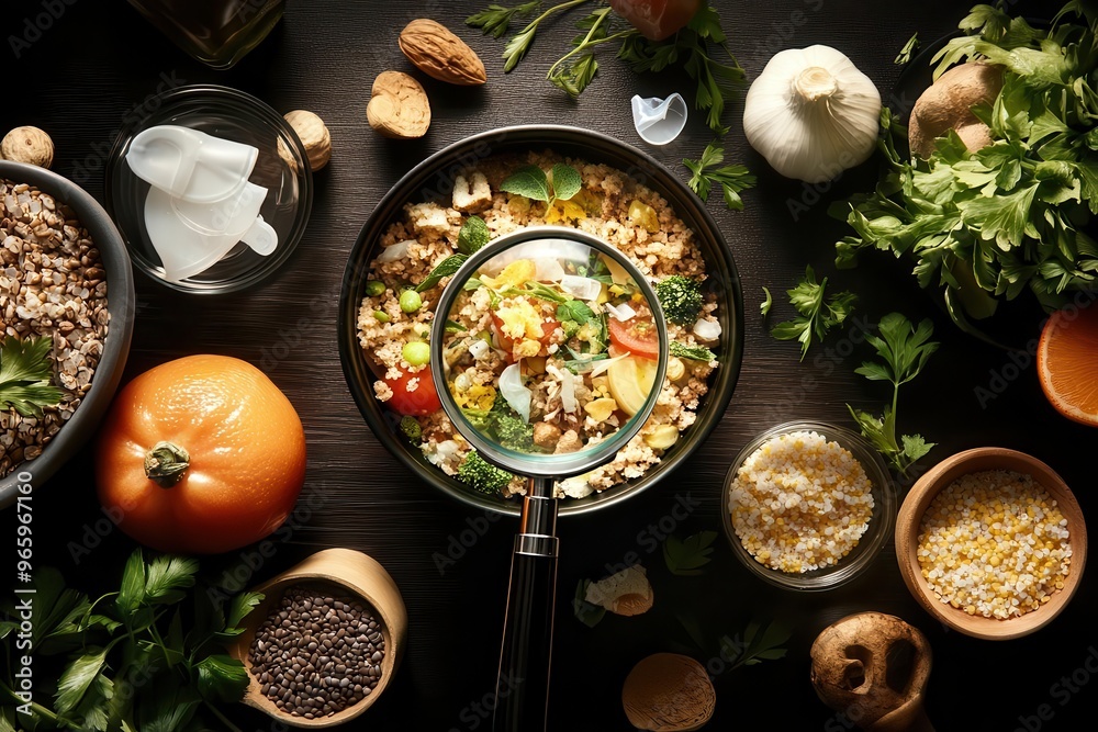A family dining table with various foods and a magnifying glass showing ...