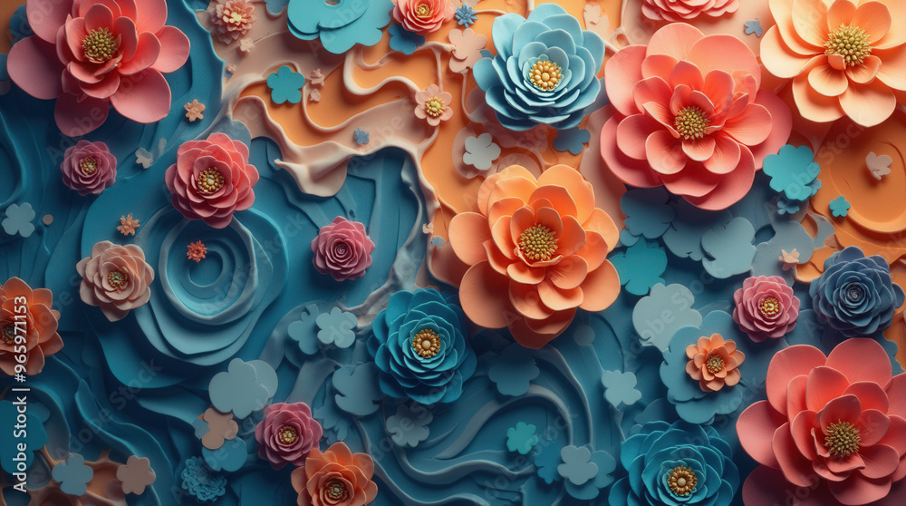 Colorful 3D Paper Flowers on Organic Backgrounds for Digital Art ...