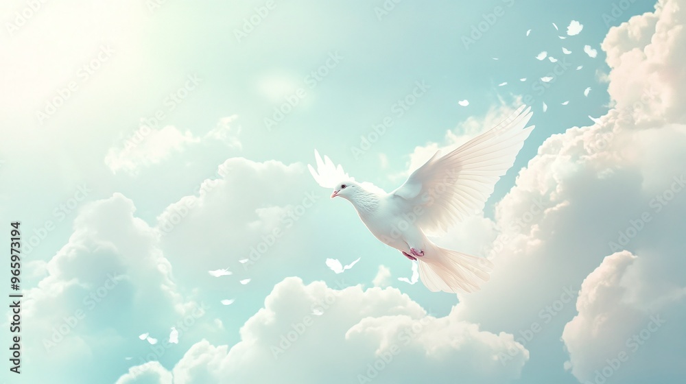 funeral sky background with white dove flying symbolizing freedom and ...