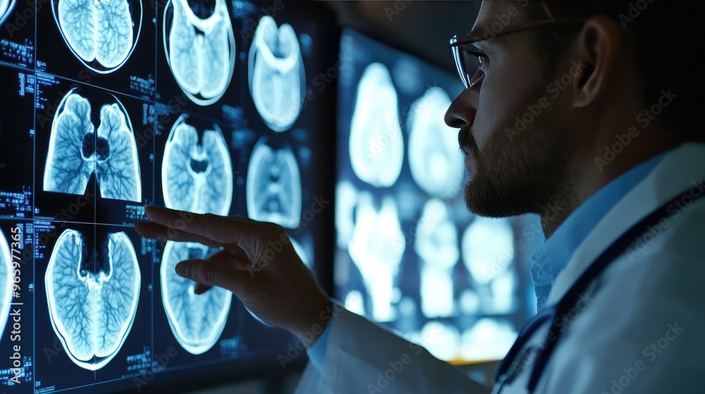 Doctor reviewing CT scans of lungs to check for potential tumors or ...