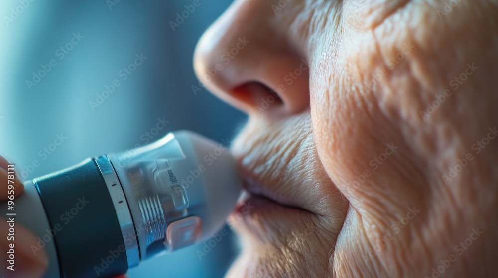 Elderly person using a spirometer to measure lung function and airflow ...