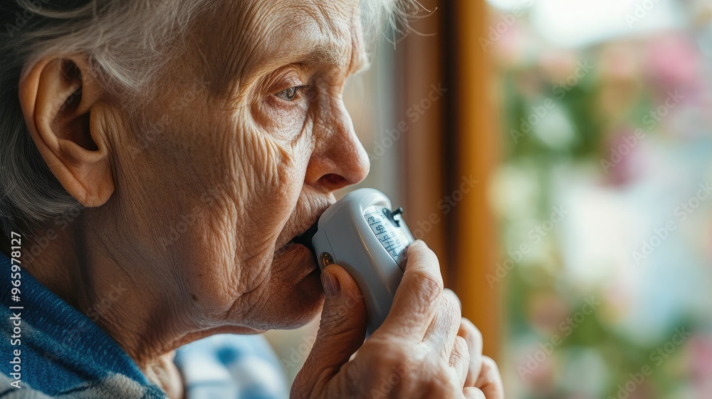 Elderly person using a spirometer to measure lung function and airflow ...