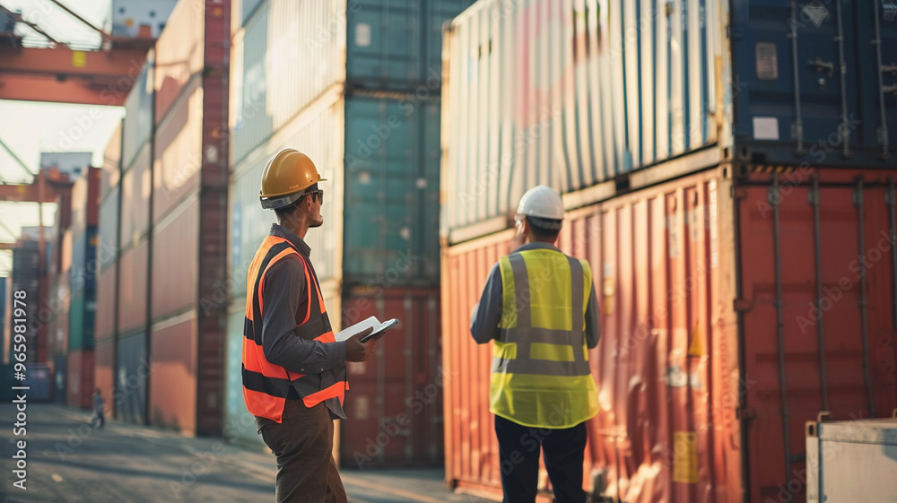 Dock workers discussing operations surrounded by stacked shipping ...