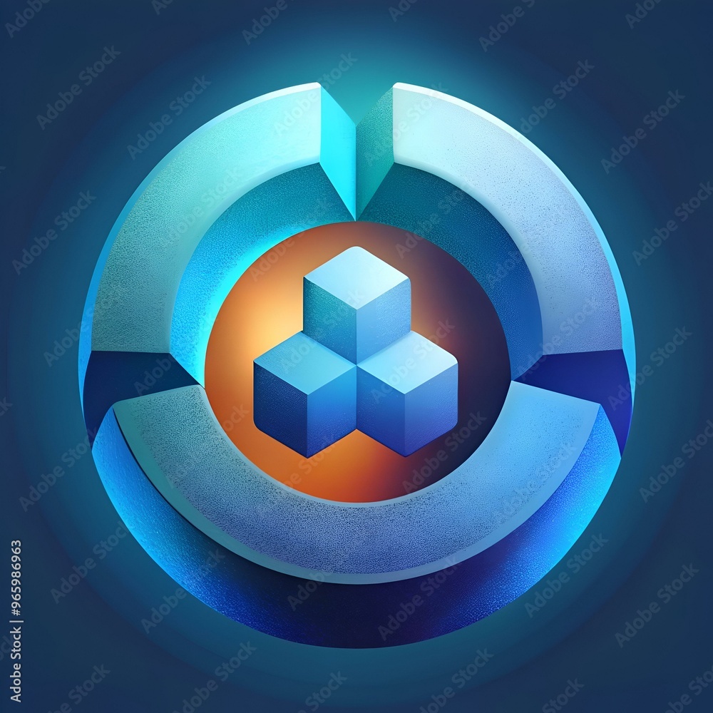 Abstract 3D icon featuring a blue cube cluster inside a circular frame ...