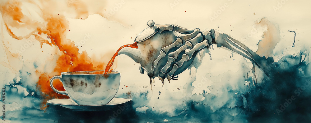 Teapot shaped like a skeleton hand, pouring tea into a matching cup ...