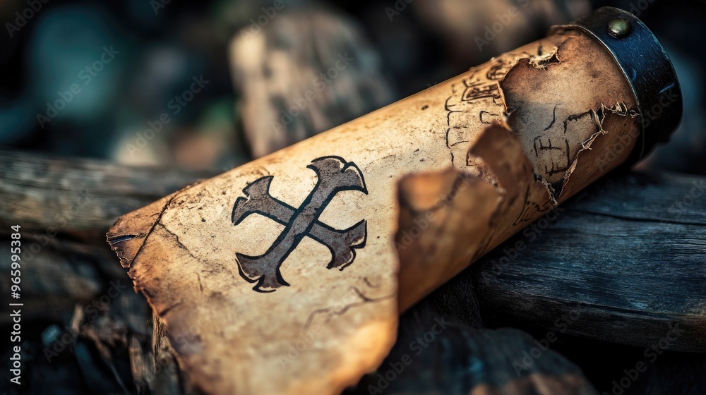 A pirate-themed treasure map rolled out on a wooden surface, marked ...