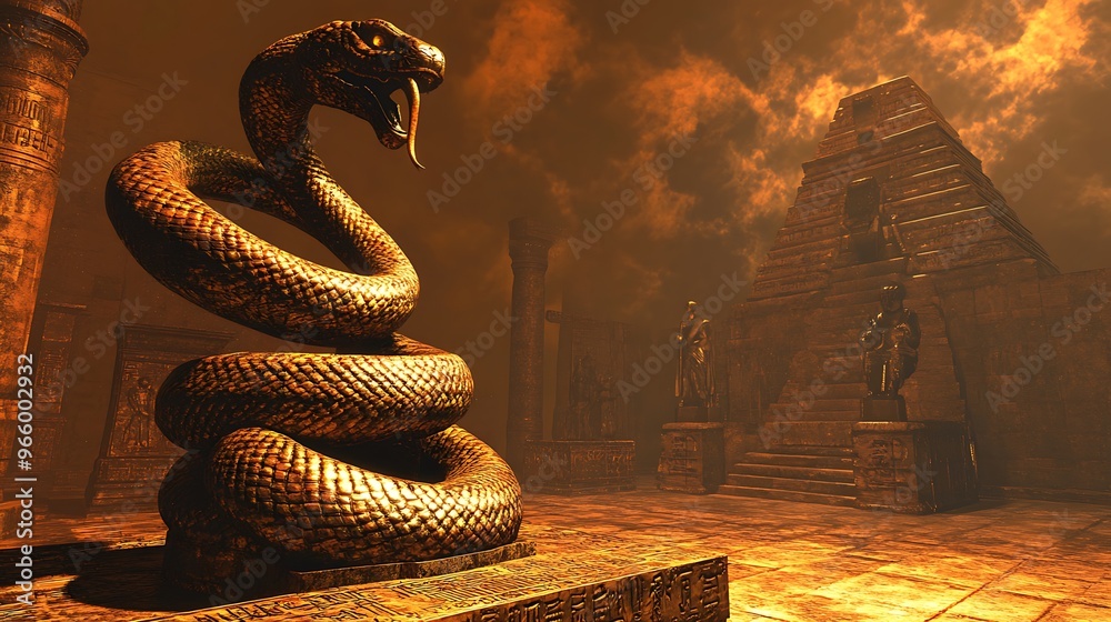 Mystical Bronze Serpent Statue in Mesopotamian Setting with Fiery Aura ...