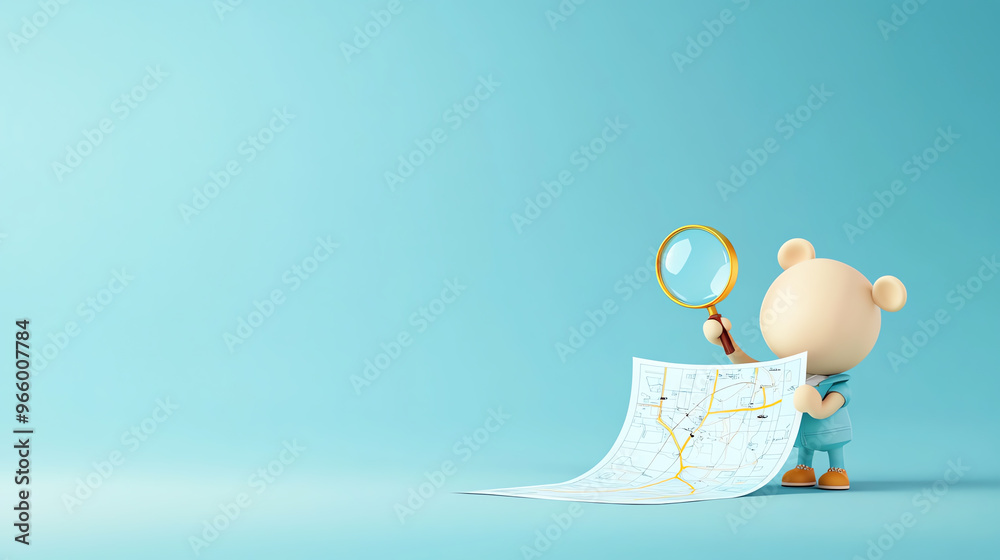 A cute character examines a map with a magnifying glass, exploring ...