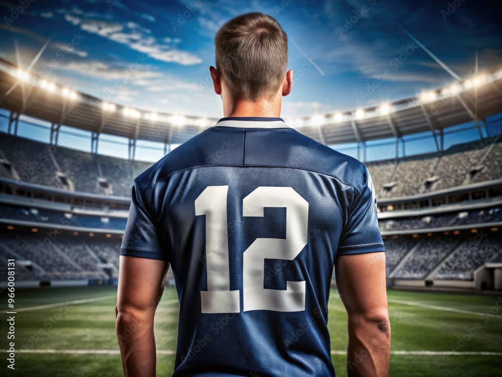 A classic navy blue sports jersey with a bold, white, serif-font number ...
