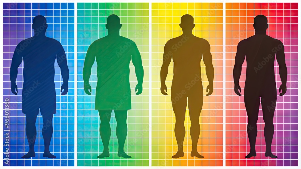 A colorful BMI chart with a male silhouette illustrates body mass index ...