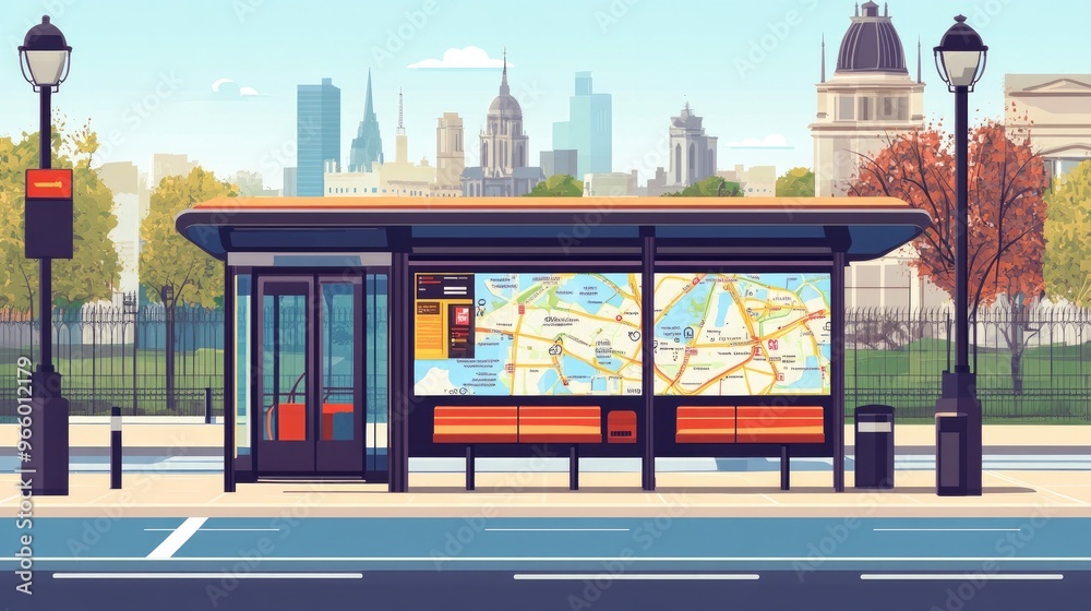 Tourist bus stop with a map showing various routes and sightseeing ...