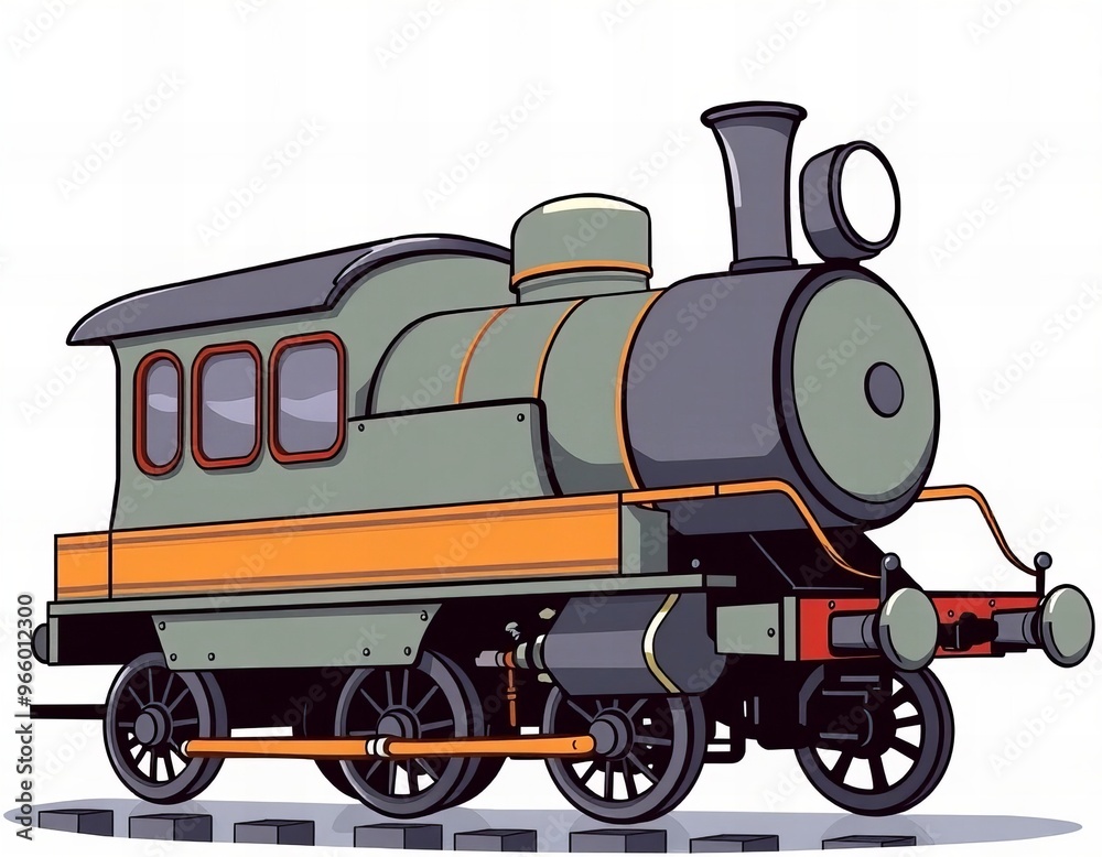 cartoon train engine with a flat roof and a long track. Stock ...