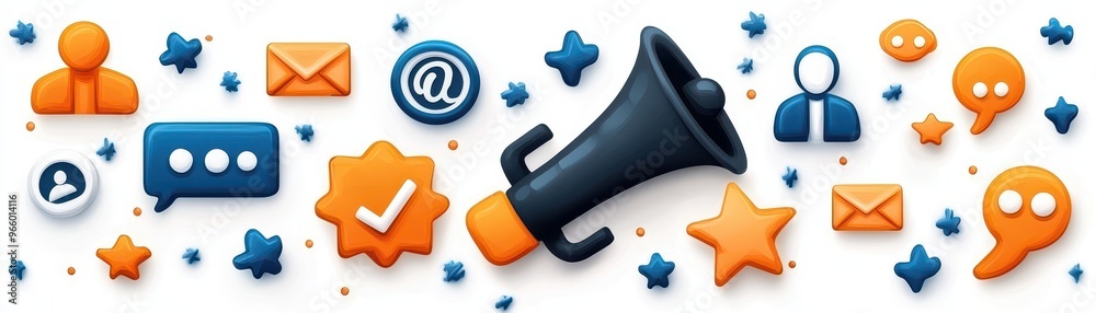 Colorful communication icons featuring a megaphone, messages, and ...
