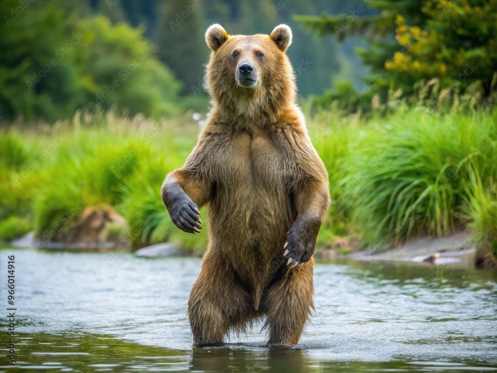 A disoriented brown bear stands upright on its hind legs, wobbling and ...