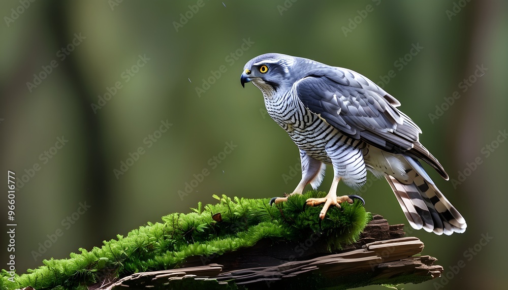 Eurasian Sparrowhawk gracefully landing on a moss-covered wooden log in ...