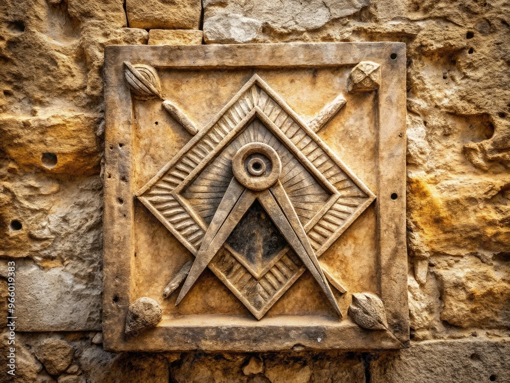 A intricately carved stone Masonic square and compasses symbol adorn a ...