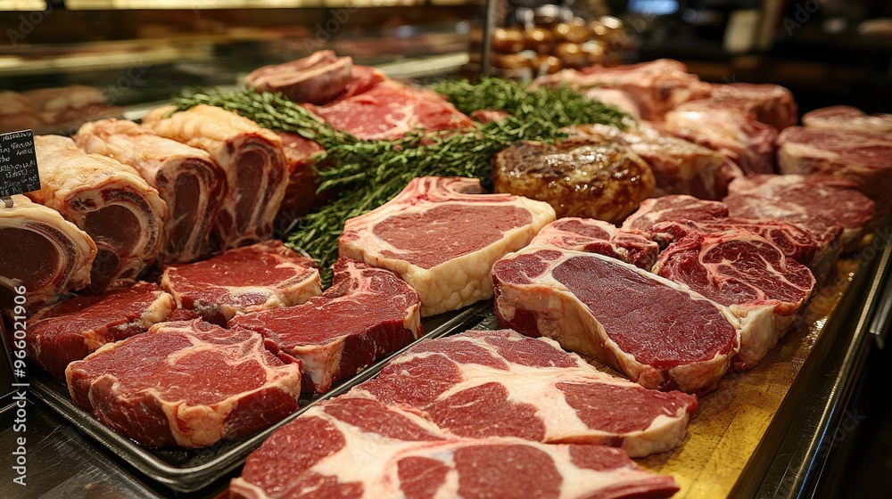 Variety of raw meat cuts on a butcher block, including ribeye, pork ...