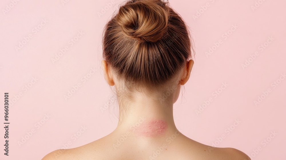 young woman's upper back with post-acne scars on a pale pink background ...