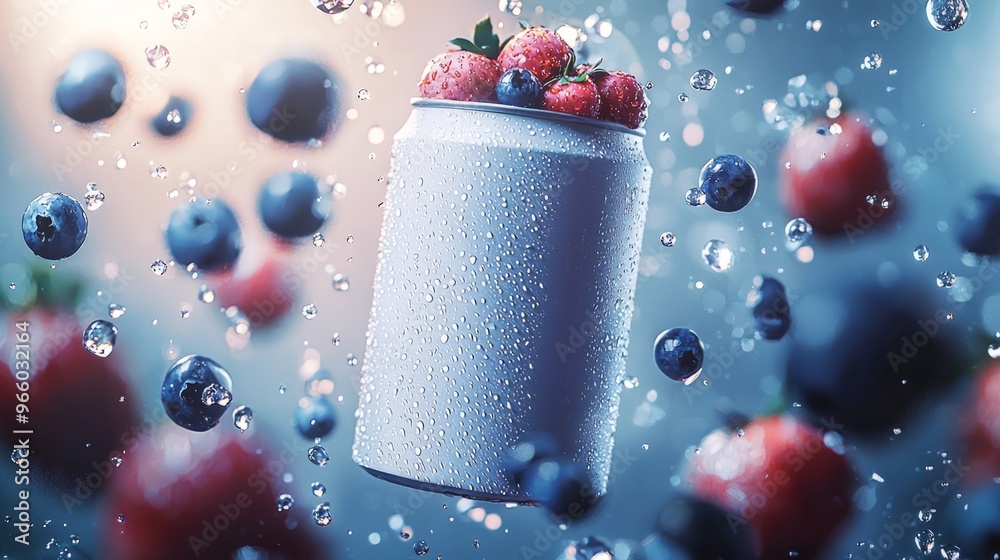 soft-drink can 330ml floating, tilted up slightly, facing camera, little chunks of blue berries ...