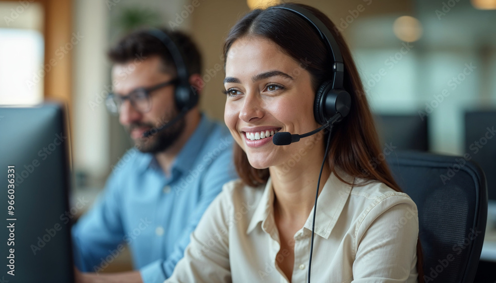 Happy Indian call center agent wearing headset talking to client ...