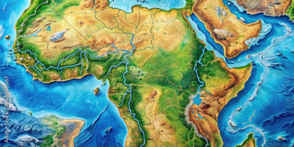 A vibrant, detailed map of Africa showcases the majestic Nile River ...