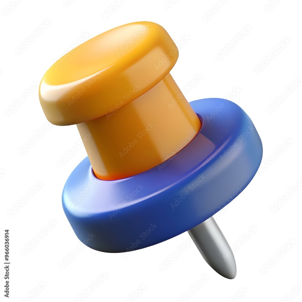 A vibrant 3D thumbtack icon rendered in bright yellow and blue. perfect ...