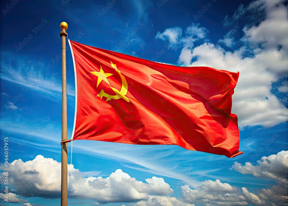A vintage red flag with a golden hammer and sickle emblem waves proudly ...