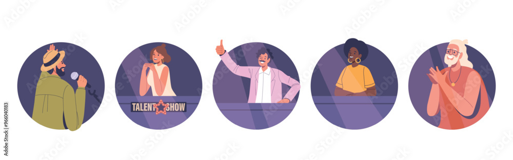 Isolated Vector Round Icons, Avatars With Cartoon Talent Show ...