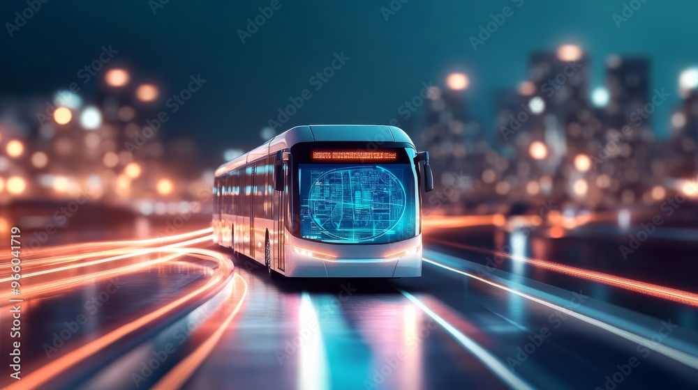 AI-driven bus rapid transit, holographic route map, modern city, clean ...