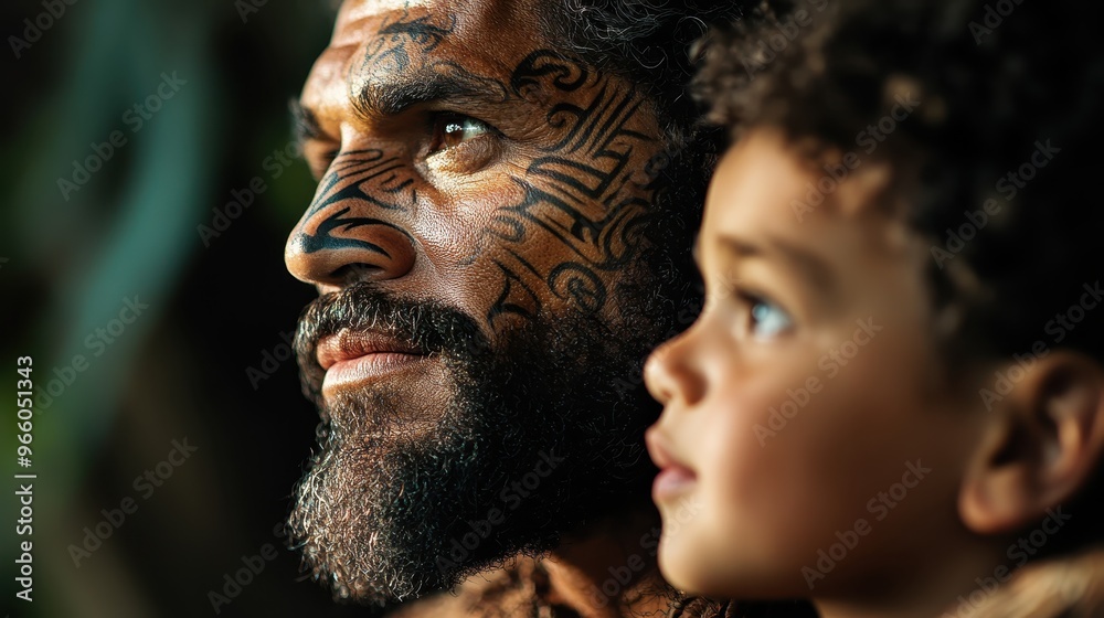 A profile view of a tattooed tribal man and a young child, both gazing ...
