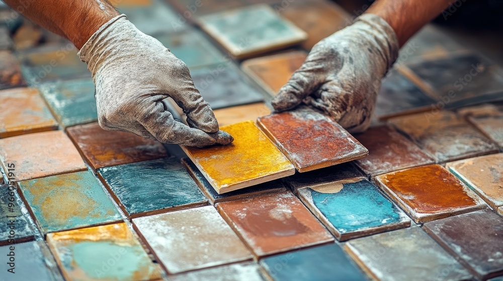 Talented tile setter artfully arranging and grouting decorative ...