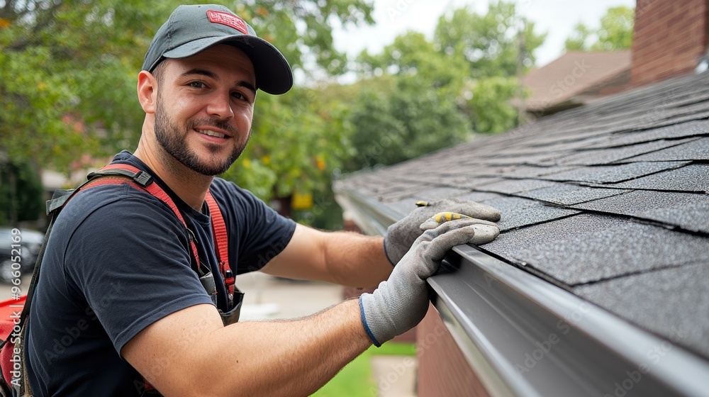 Dedicated gutter installer nimbly securing and aligning seamless rain ...